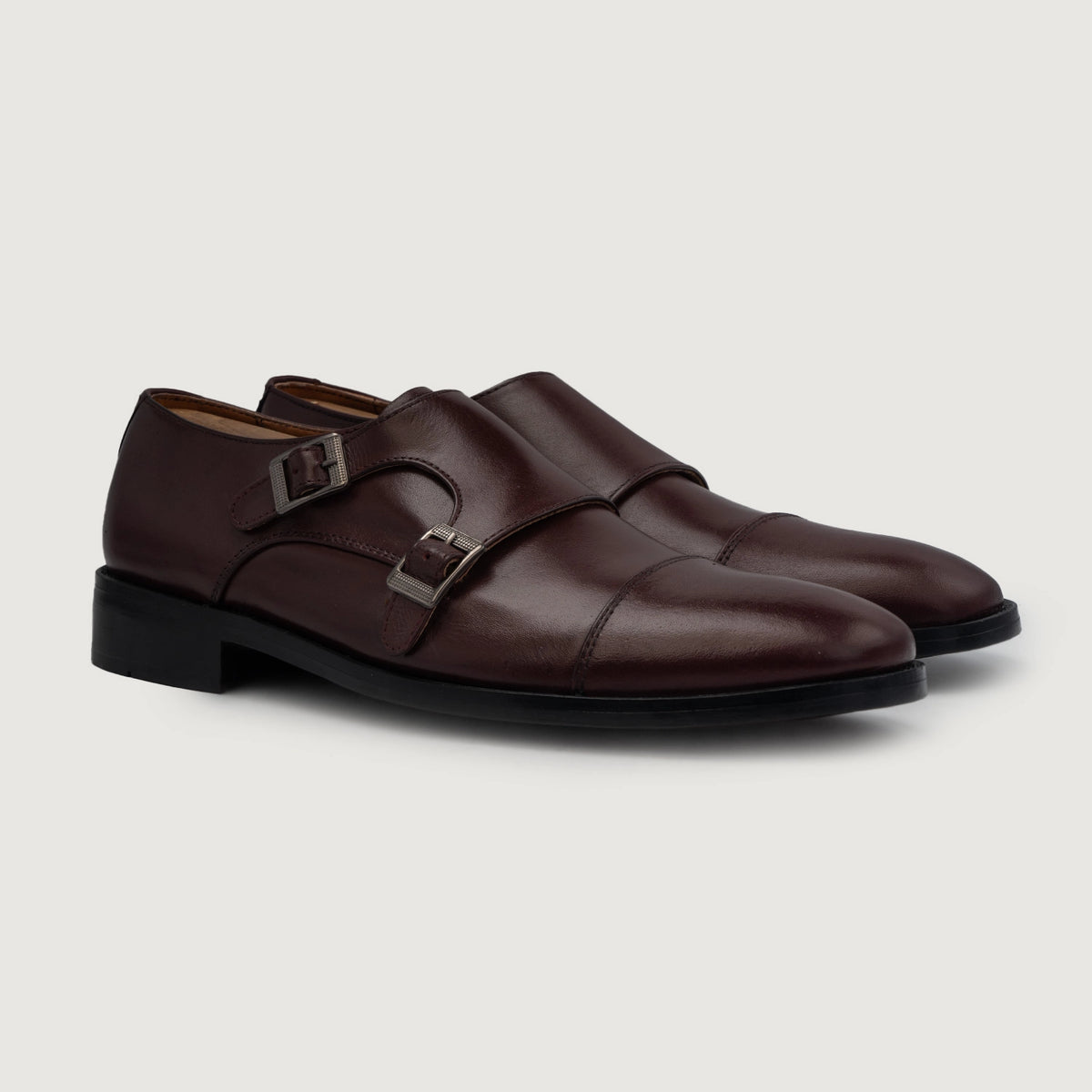 Boston Double Monk Shoes in Maroon Leather for Men - Eviternity